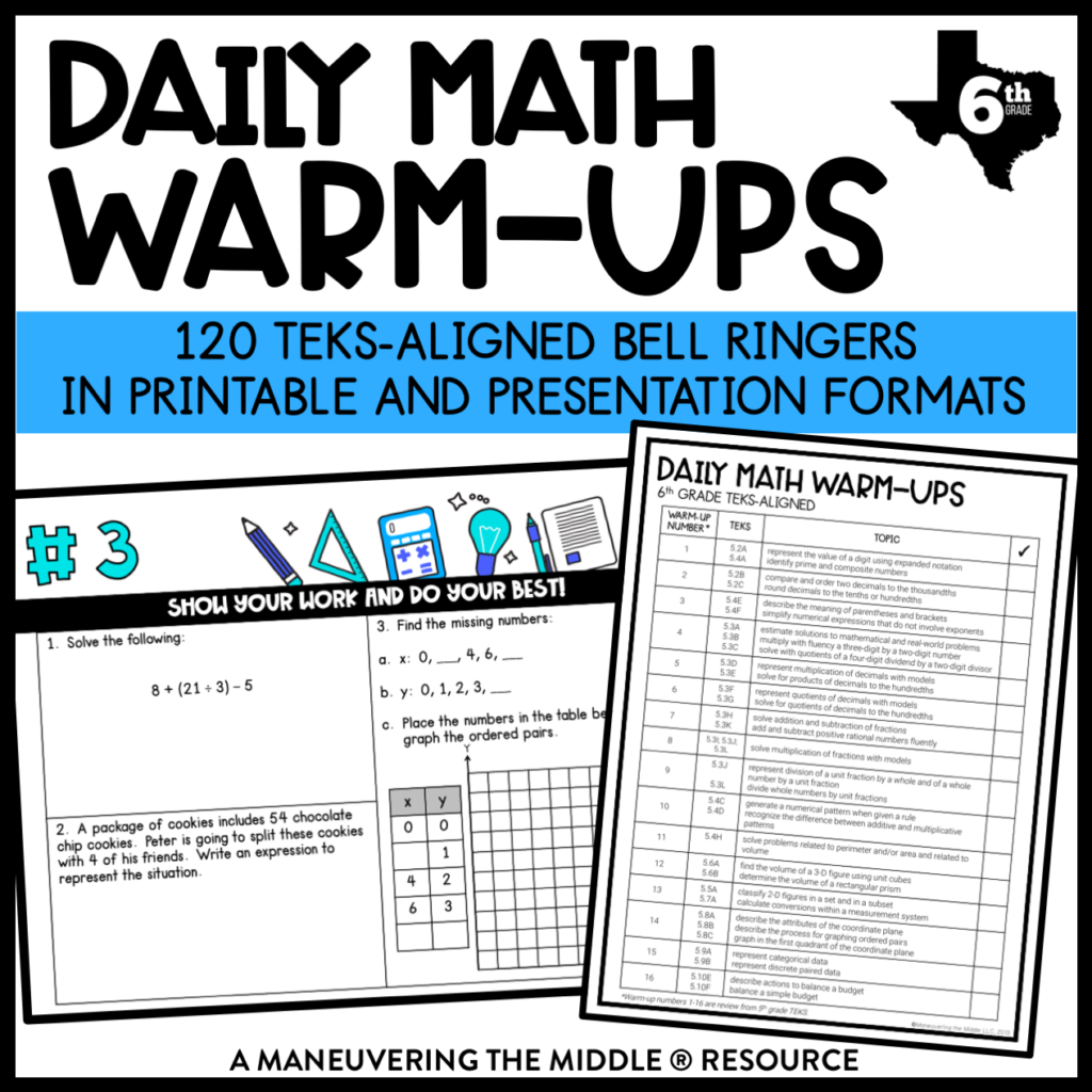 Math Warm Ups 6th Grade TEKS Maneuvering The Middle