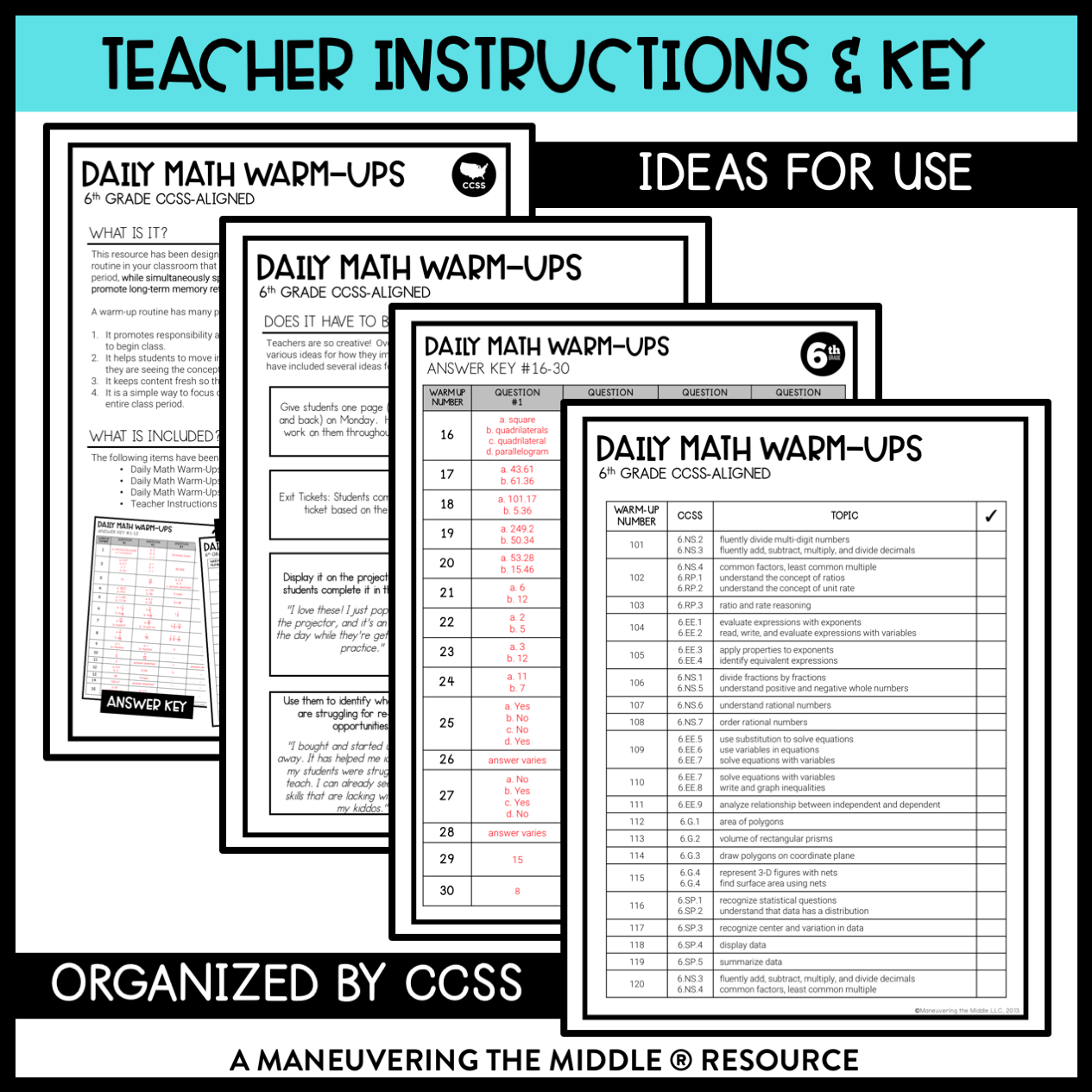 Daily Math Warm Ups 6th Grade CCSS Maneuvering The Middle Daily Math Warm Ups 6th Grade CCSS Maneuvering The Middle