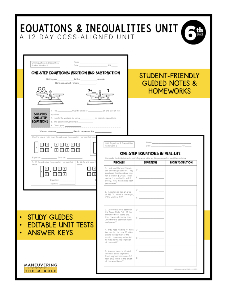 Equations and Inequalities Unit 6th Grade CCSS - Maneuvering the Middle