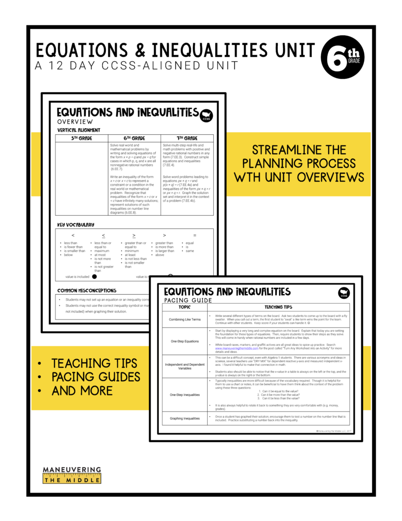 Equations and Inequalities Unit 6th Grade CCSS - Maneuvering the Middle