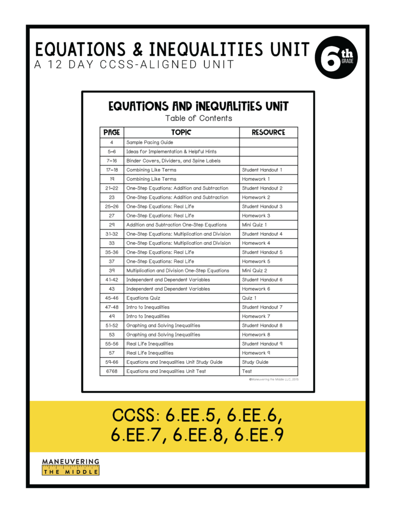 Equations and Inequalities Unit 6th Grade CCSS - Maneuvering the Middle