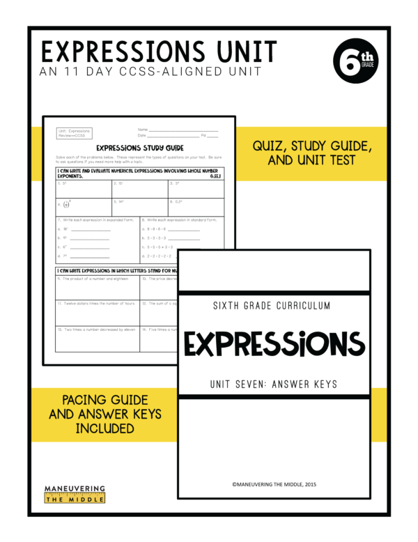 Expressions Unit 6th Grade CCSS - Maneuvering the Middle
