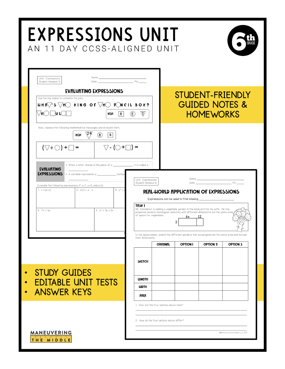 Expressions Unit 6th Grade CCSS - Maneuvering the Middle