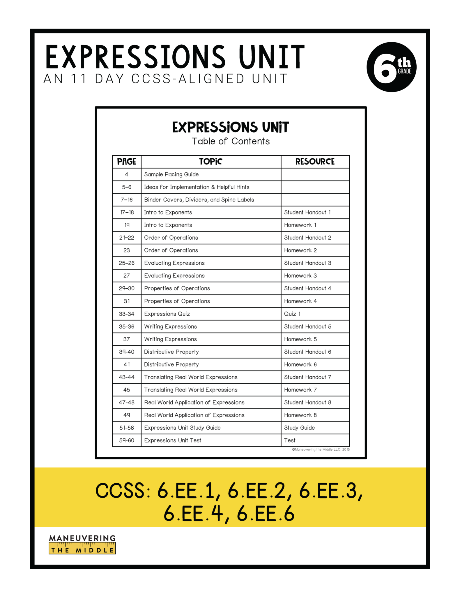 Expressions Unit 6th Grade CCSS - Maneuvering the Middle