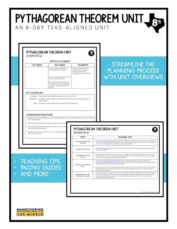 Pythagorean Theorem Unit 8th Grade TEKS - Maneuvering the Middle