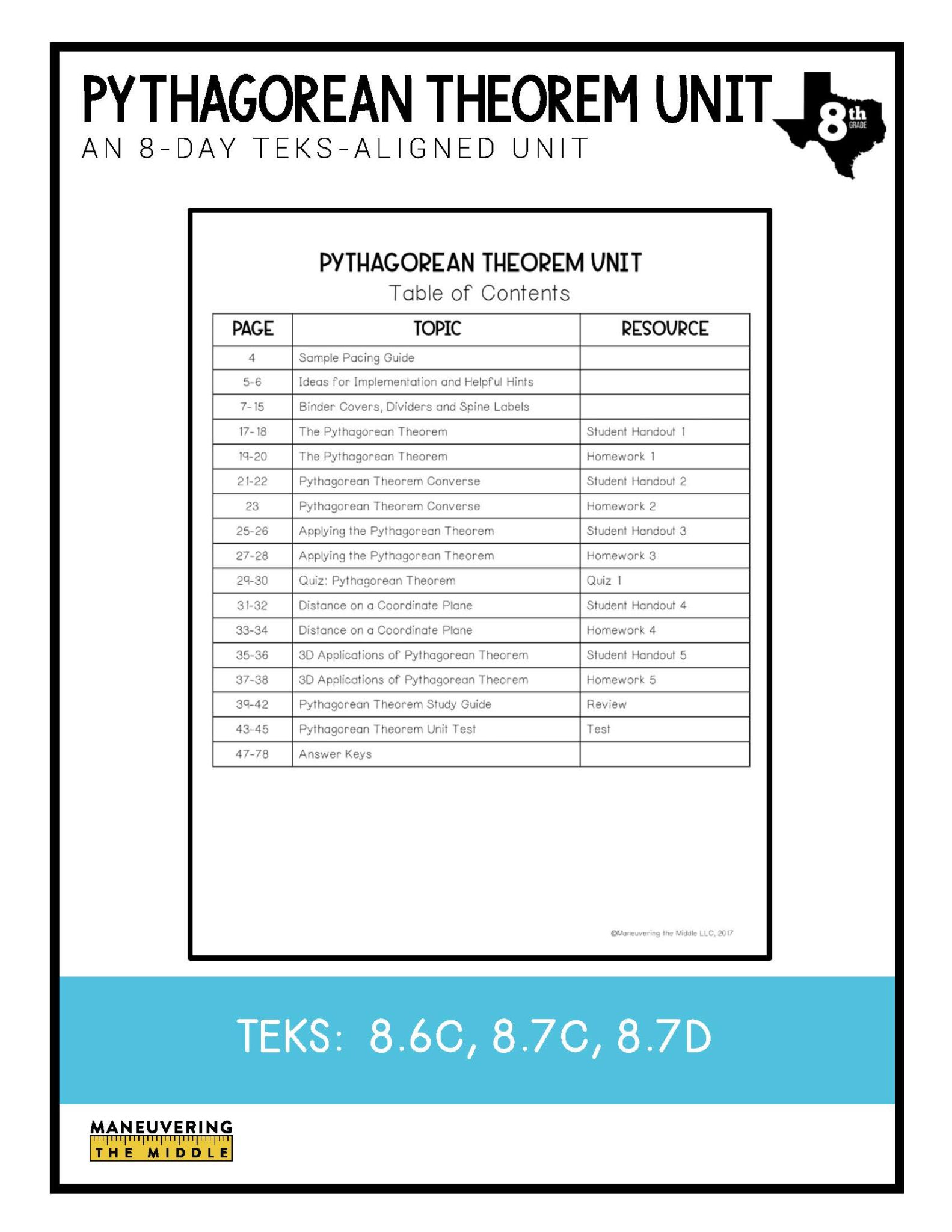 Pythagorean Theorem Unit 8th Grade TEKS - Maneuvering the Middle