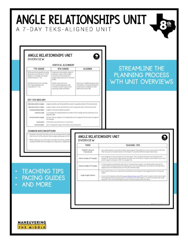 Angle Relationships Unit 8th Grade TEKS - Maneuvering the Middle