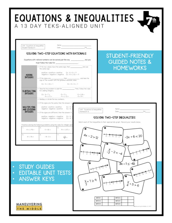 Equations and Inequalities Unit 7th Grade TEKS - Maneuvering the Middle