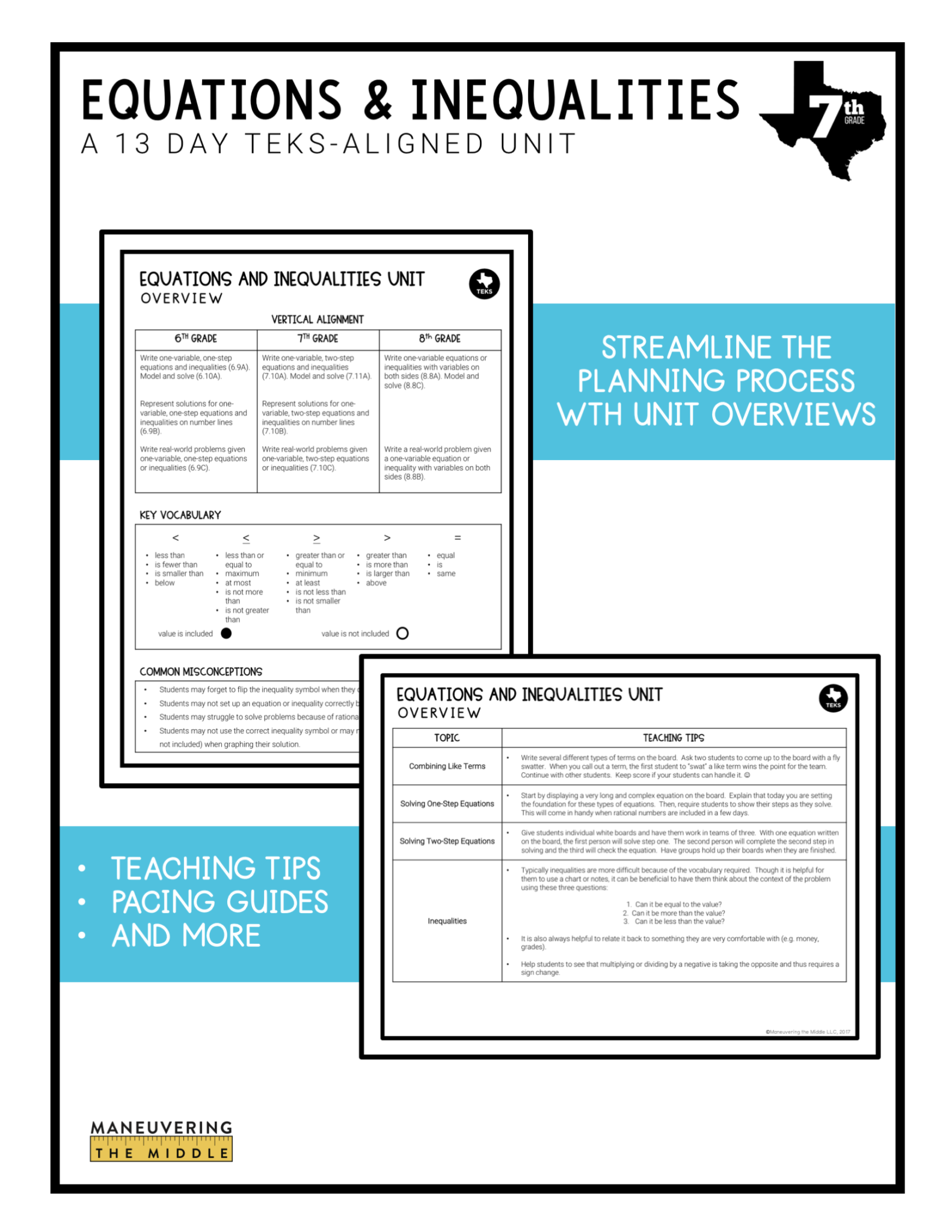 Equations and Inequalities Unit 7th Grade TEKS - Maneuvering the Middle