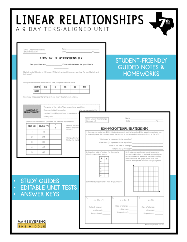 Linear Relationships Unit 7th Grade TEKS - Maneuvering the Middle