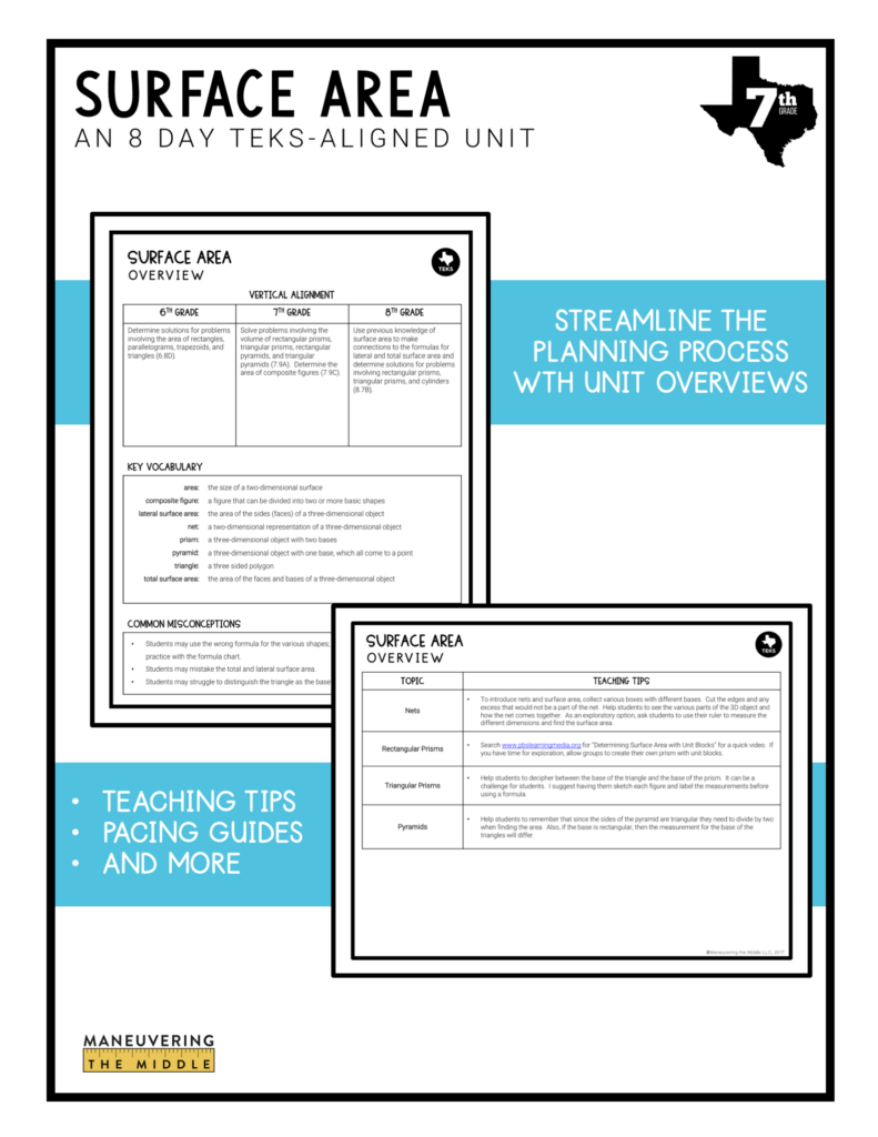 Surface Area Unit 7th Grade TEKS - Maneuvering the Middle