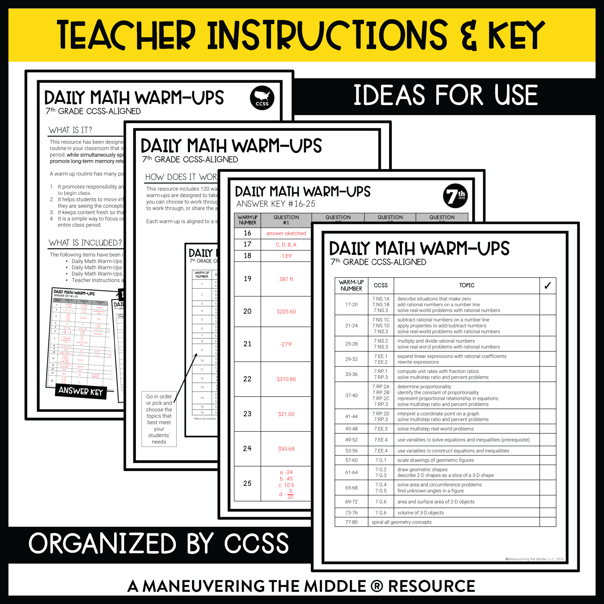 Daily Math Warm-Ups 7th Grade CCSS - Maneuvering the Middle