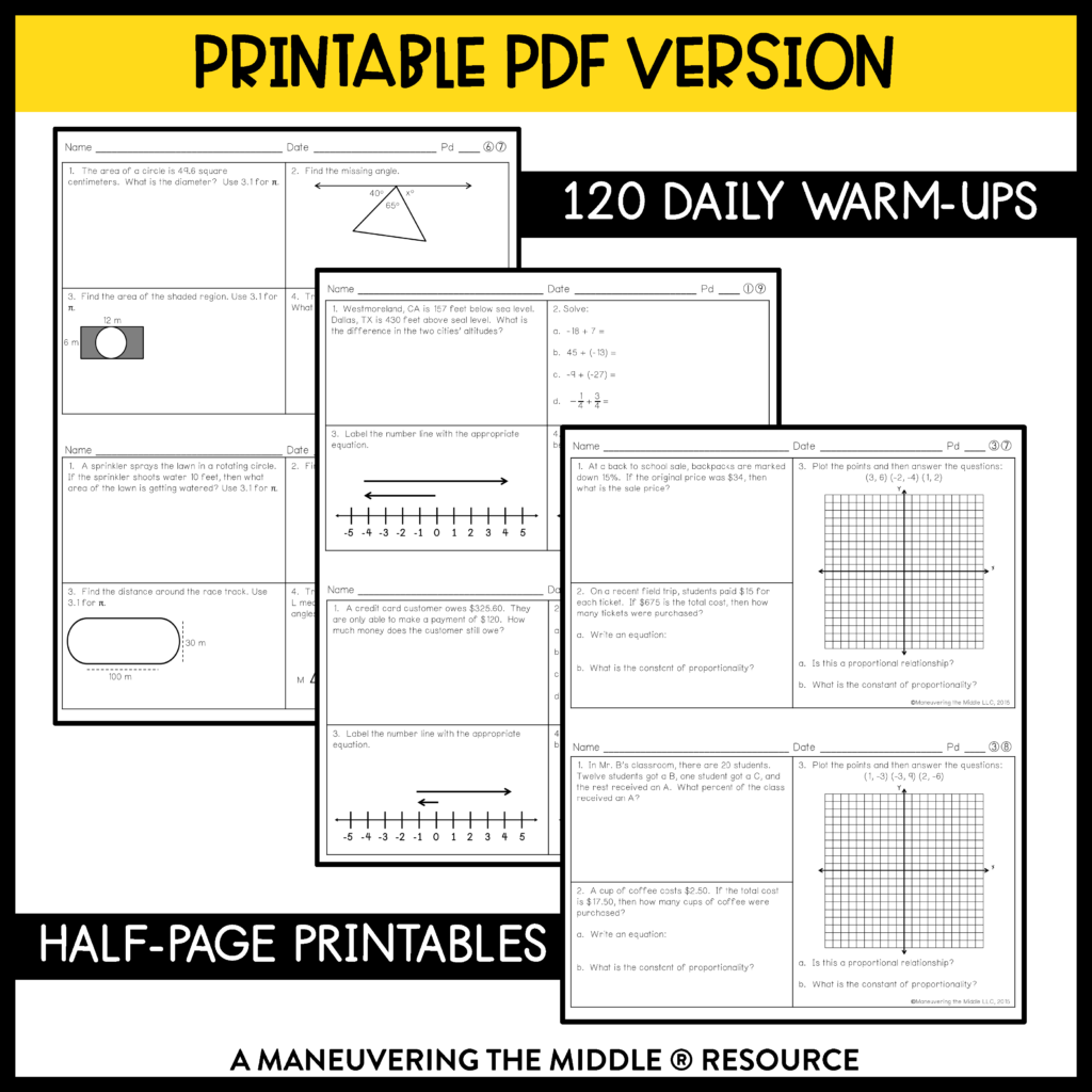 Daily Math Warm-Ups 7th Grade CCSS - Maneuvering the Middle