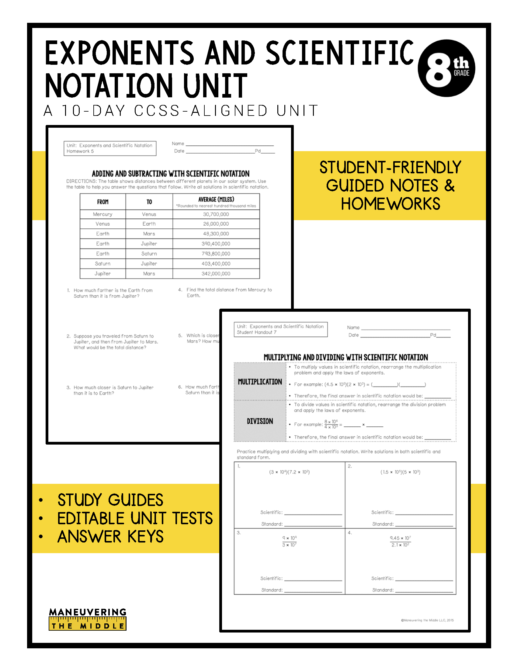 Exponents and Scientific Notation Unit 8th Grade CCSS - Maneuvering the ...