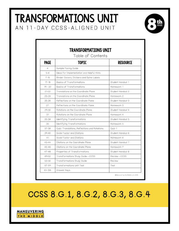 Transformations Unit 8th Grade CCSS - Maneuvering the Middle