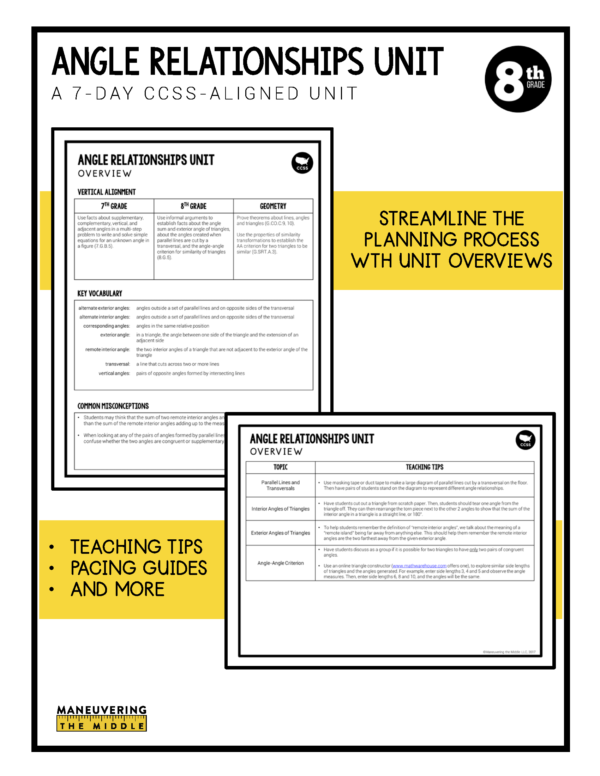 Angle Relationships Unit 8th Grade CCSS - Maneuvering the Middle