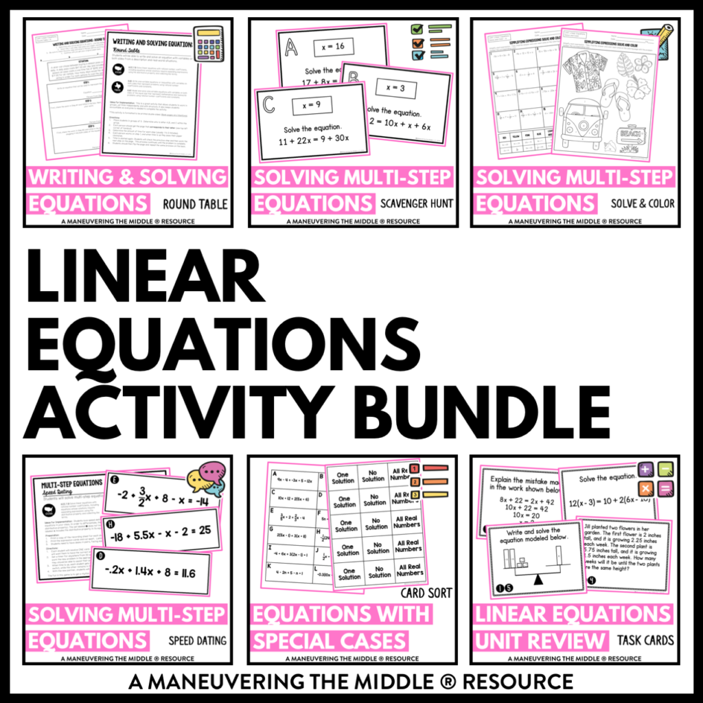 Linear Equations Activity Bundle 8th Grade Maneuvering The Middle