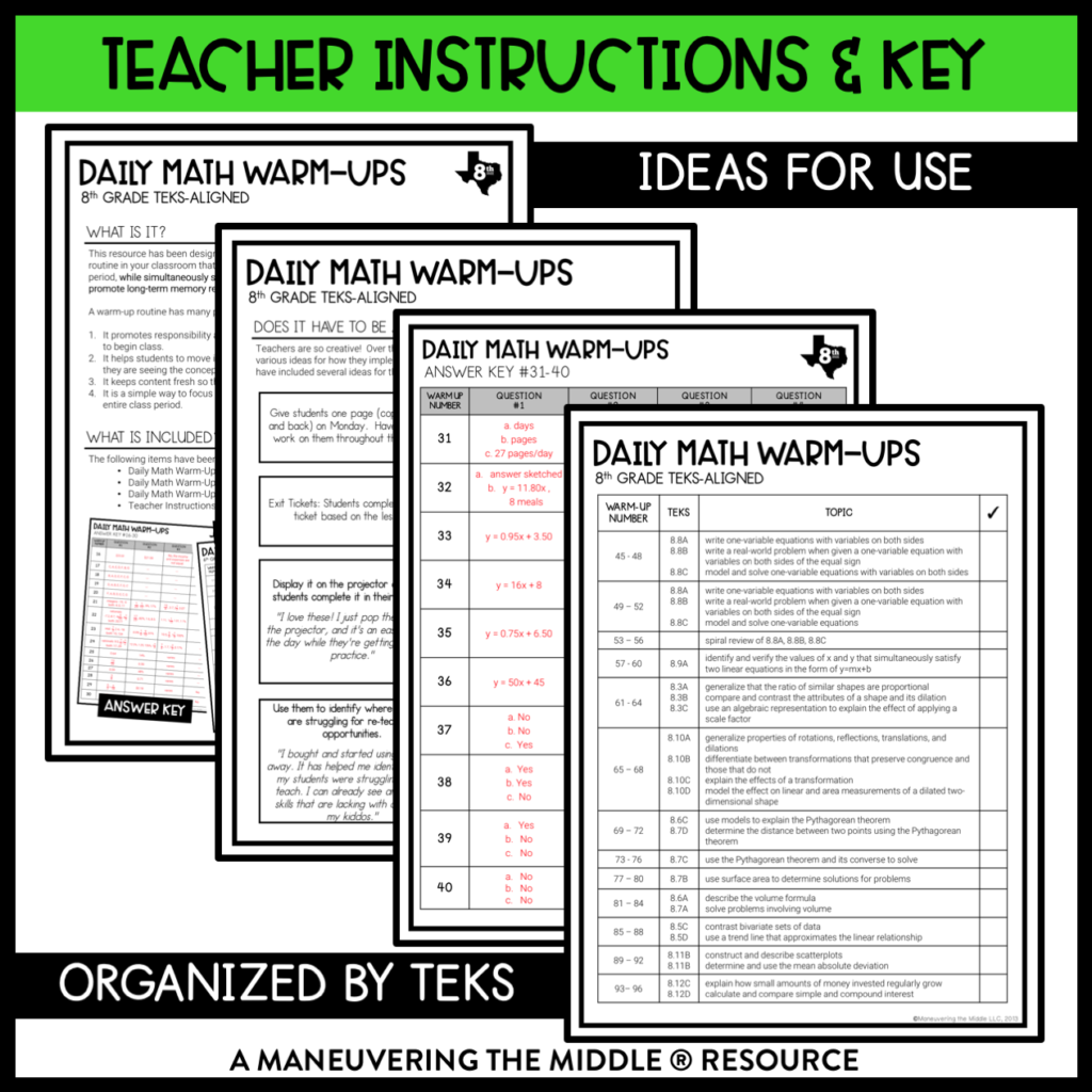 Math Warm-Ups 8th Grade TEKS - Maneuvering the Middle