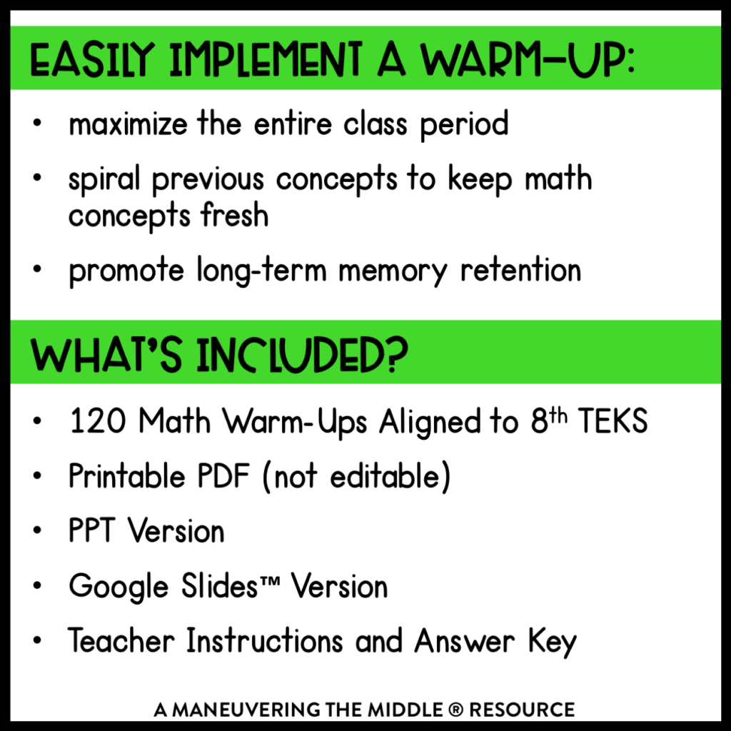 Math Warm-Ups 8th Grade TEKS - Maneuvering the Middle