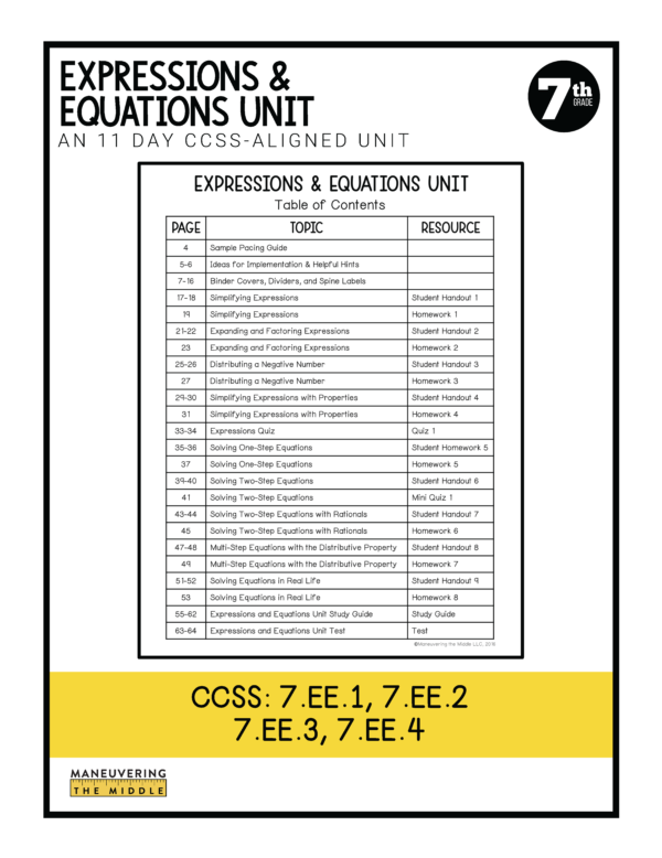 Expressions and Equations Unit 7th Grade CCSS - Maneuvering the Middle