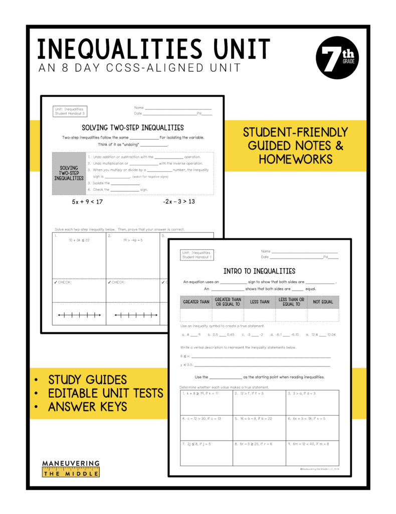 Inequalities Unit 7th Grade CCSS - Maneuvering the Middle