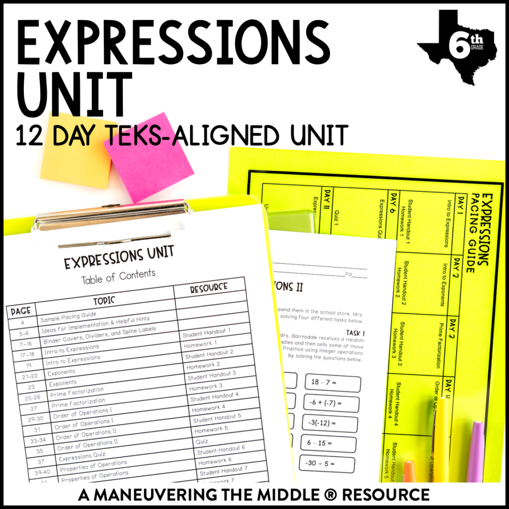 Expressions Unit 6th Grade CCSS - Maneuvering the Middle