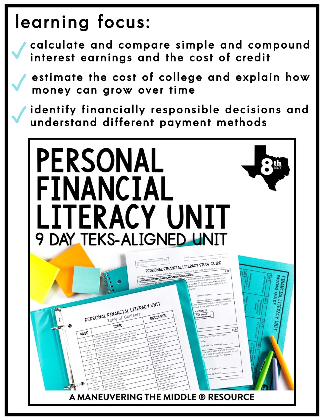 Personal Financial Literacy Unit 8th Grade TEKS Maneuvering The Middle Personal Financial Literacy Unit 8th Grade TEKS Maneuvering The Middle