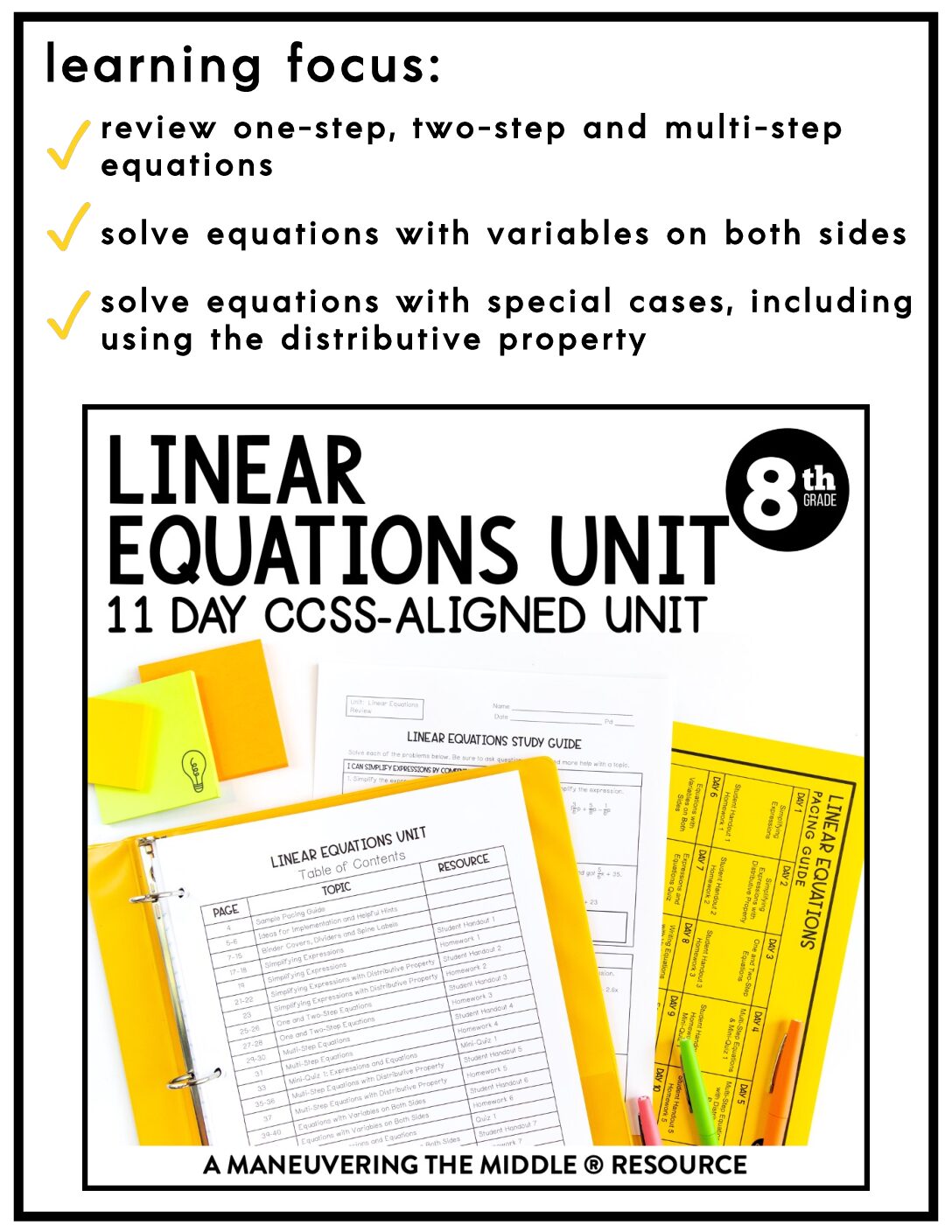 Linear Equations Unit 8th Grade CCSS Maneuvering The Middle