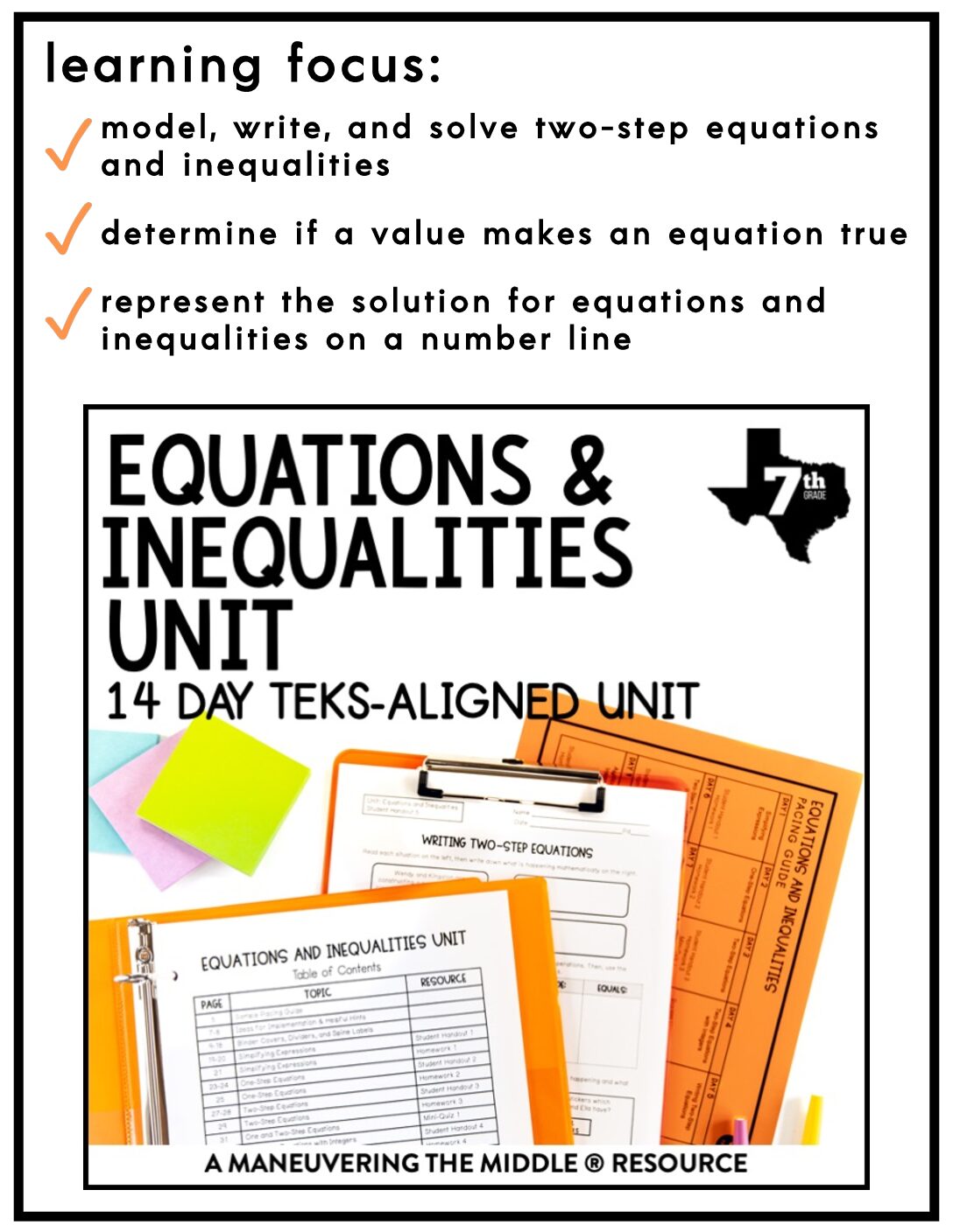 Equations And Inequalities Unit 7th Grade TEKS Maneuvering The Middle