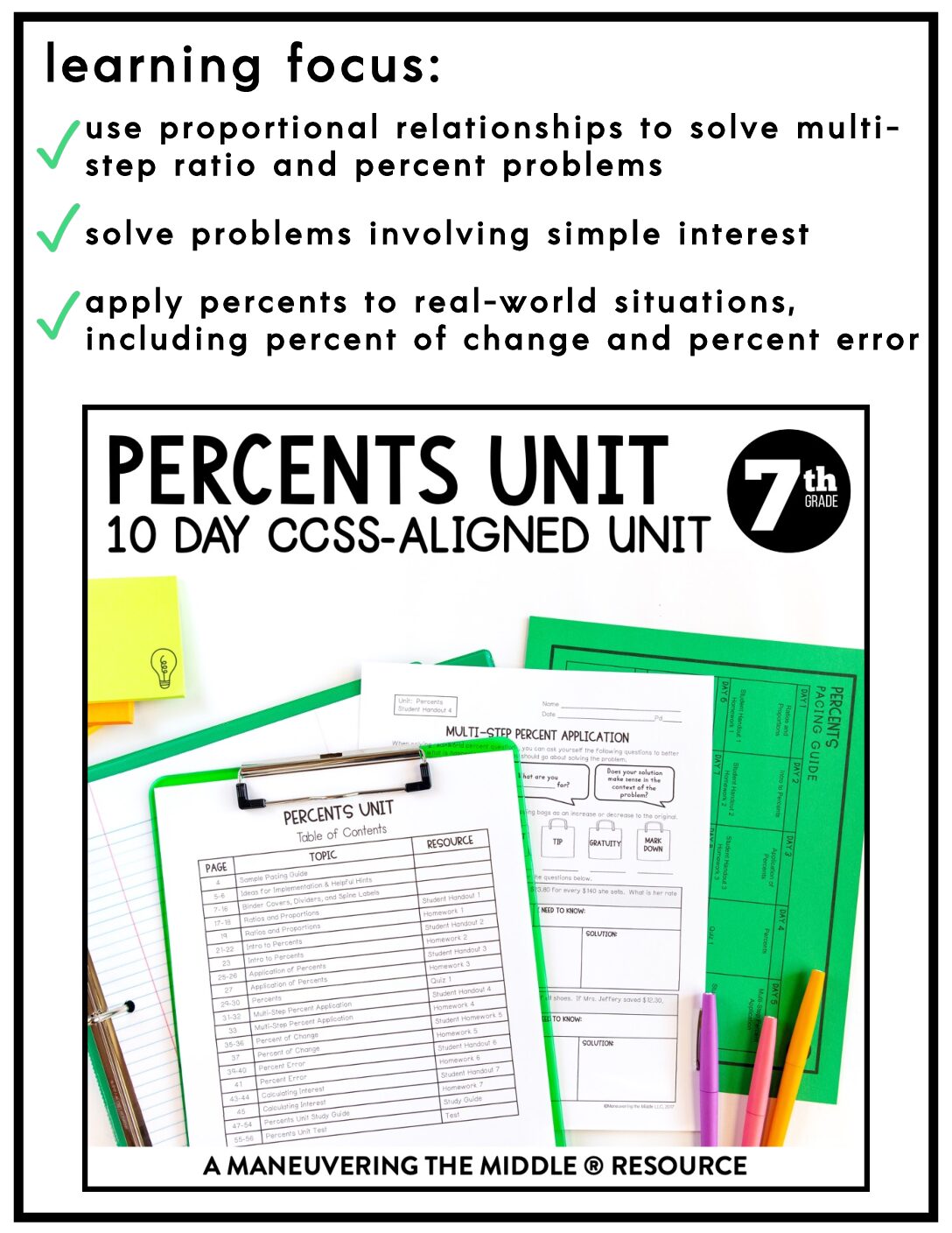 Percents Unit 7th Grade CCSS Maneuvering The Middle
