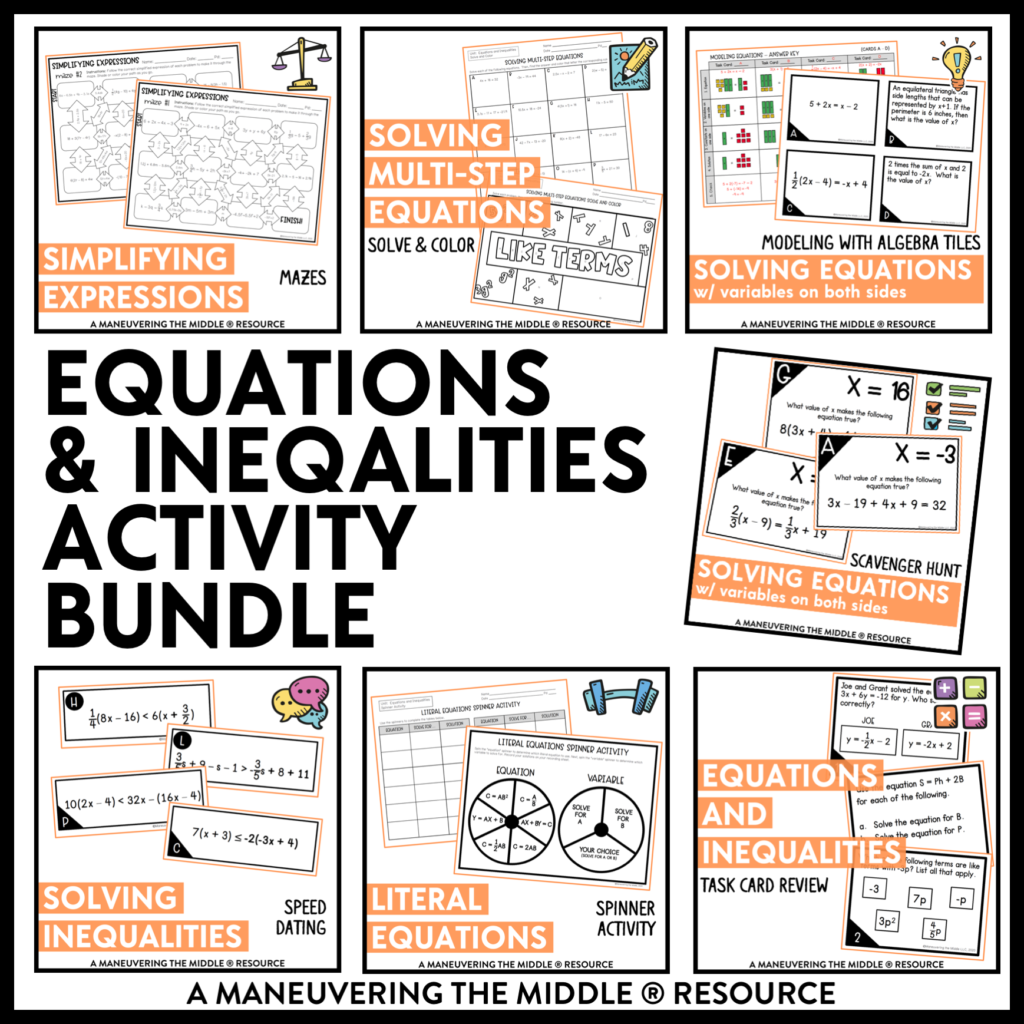 Equations and Inequalities Activity Bundle Algebra 1 - Maneuvering the ...