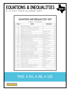 Equations and Inequalities Unit Algebra 1 TEKS - Maneuvering the Middle