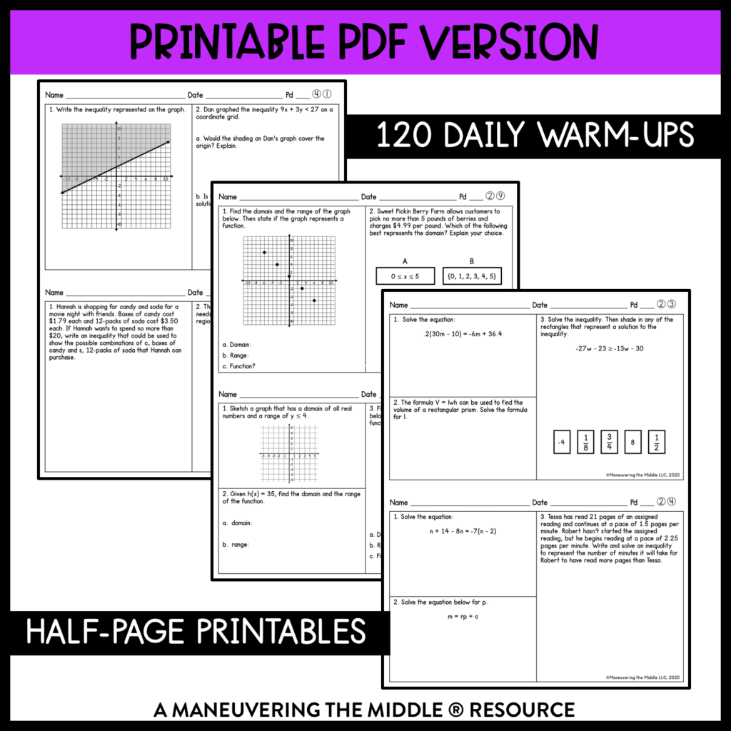 Math Warm-Ups Algebra 1 TEKS - Maneuvering the Middle