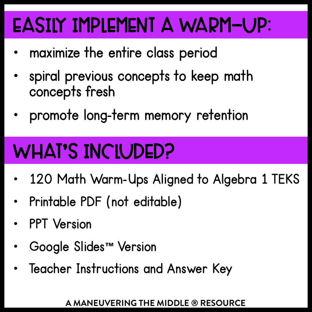 Math Warm-Ups Algebra 1 TEKS - Maneuvering the Middle