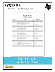 Systems Unit Algebra 1 TEKS - Maneuvering the Middle