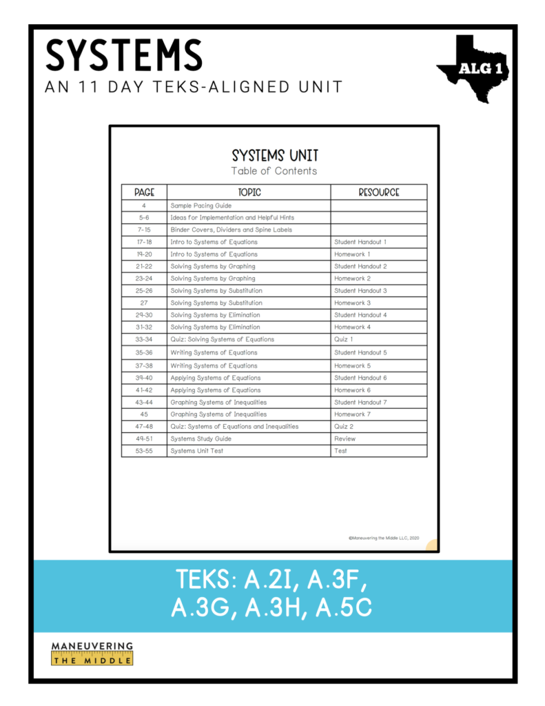 Systems Unit Algebra 1 TEKS - Maneuvering the Middle
