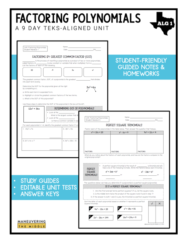 Factoring Polynomials Unit Algebra 1 TEKS - Maneuvering the Middle