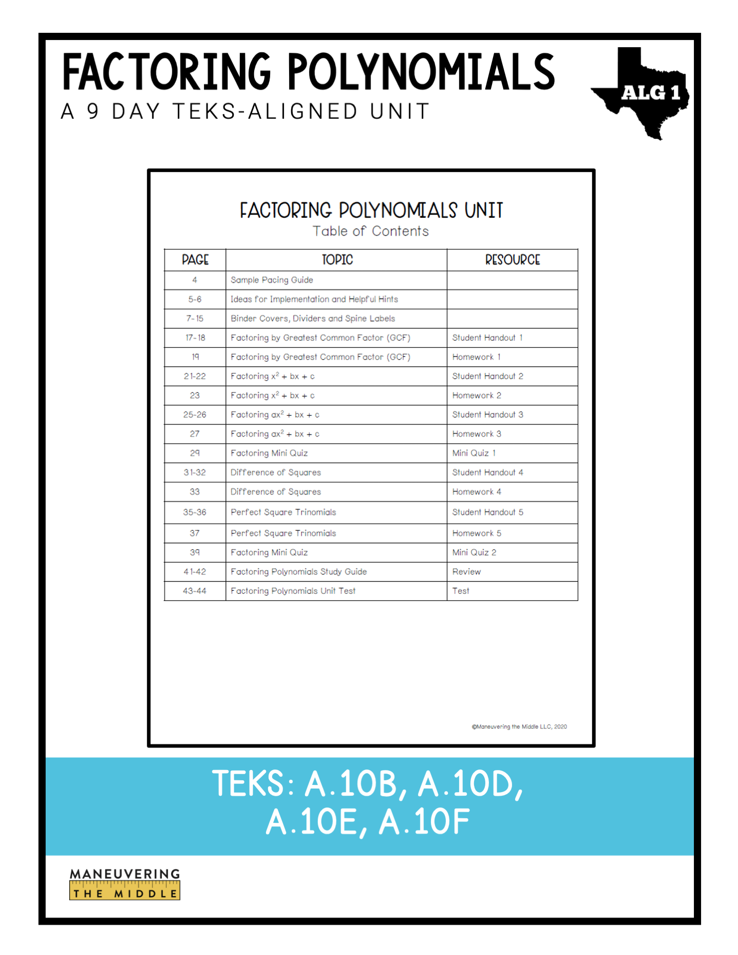 Factoring Polynomials Unit Algebra 1 TEKS - Maneuvering the Middle