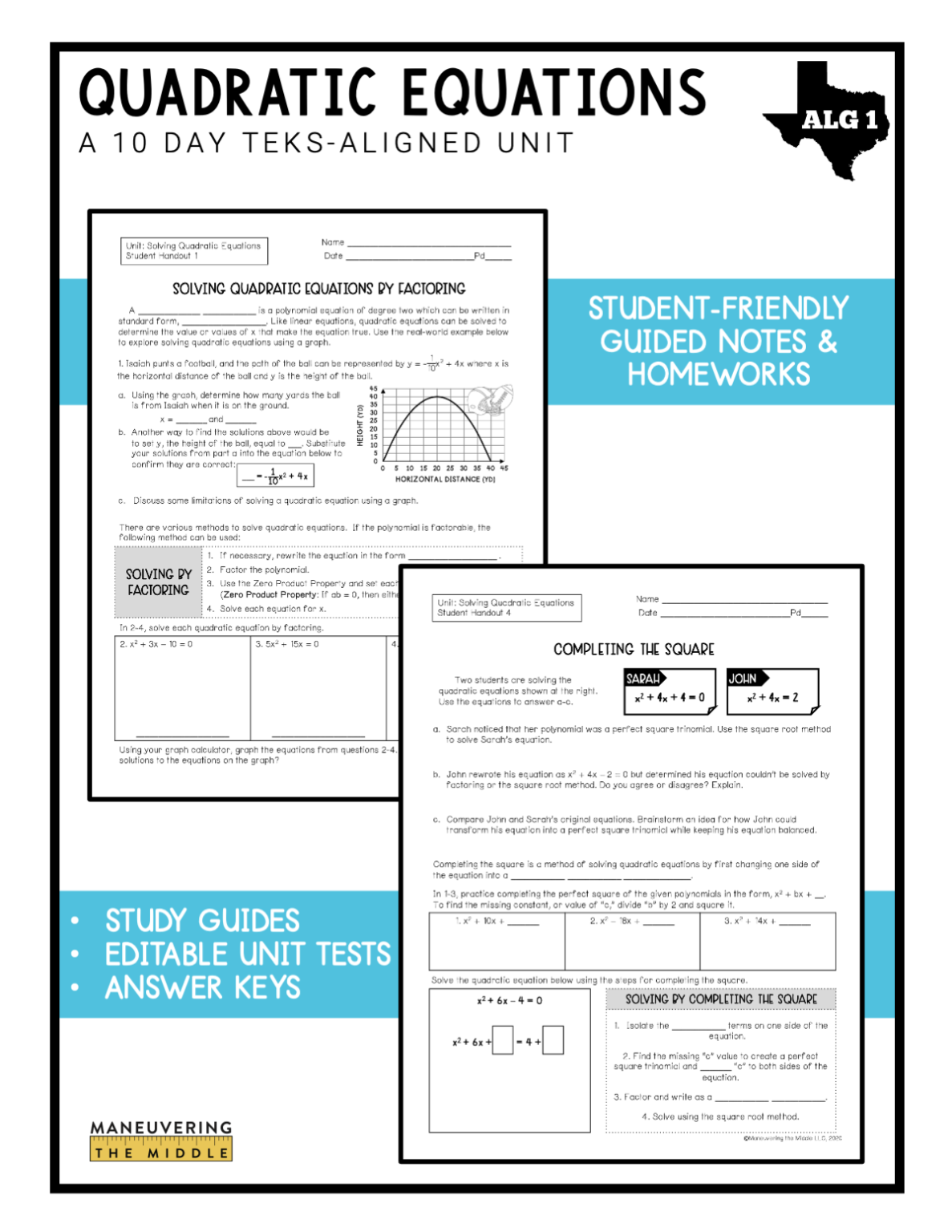 Solving Quadratic Equations Unit Algebra 1 TEKS - Maneuvering the Middle