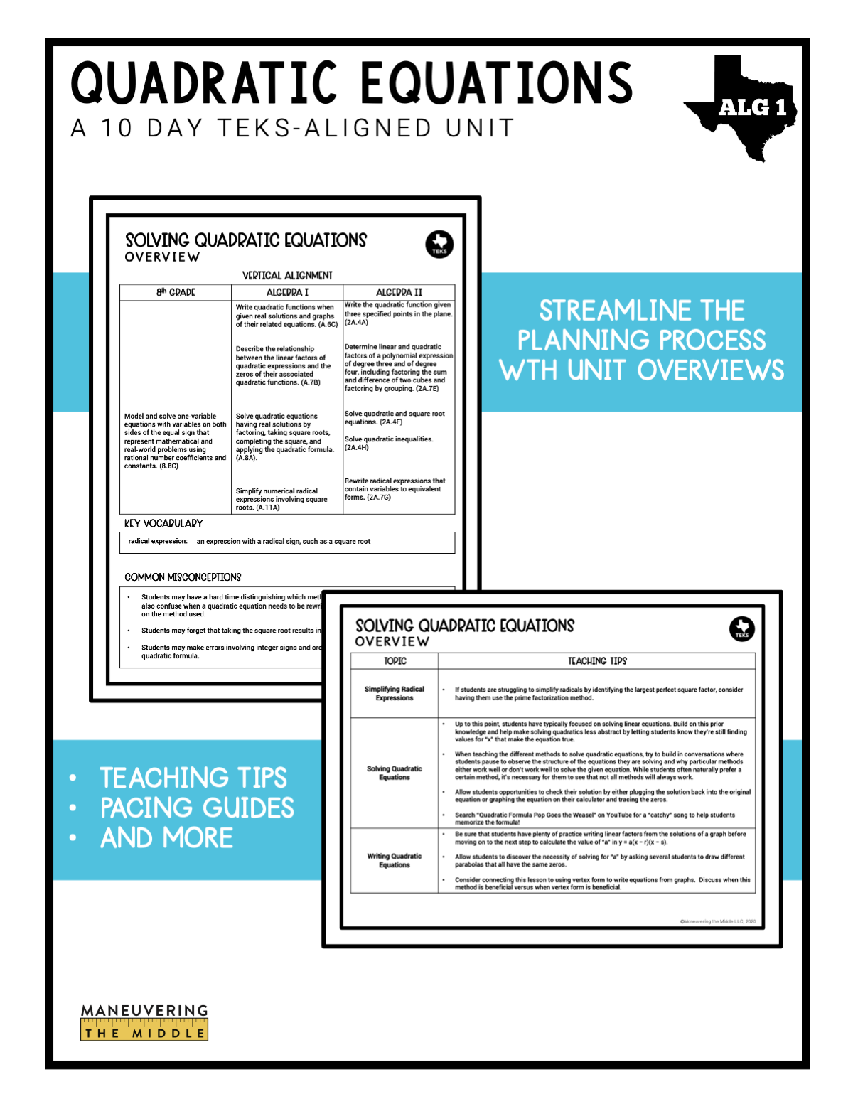 Solving Quadratic Equations Unit Algebra 1 TEKS - Maneuvering the Middle