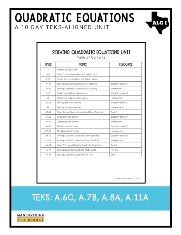 Solving Quadratic Equations Unit Algebra 1 TEKS - Maneuvering the Middle