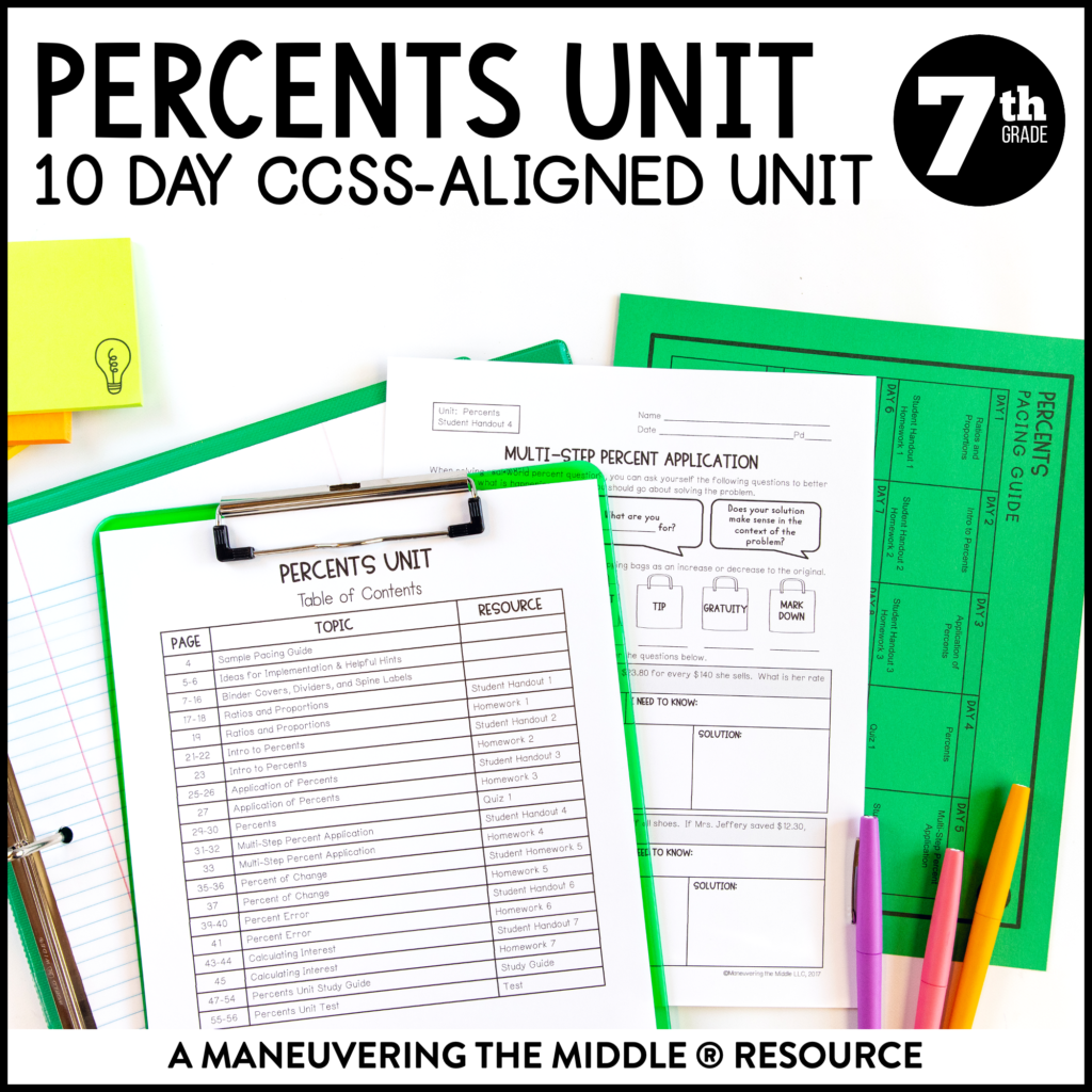 Percents Unit 7th Grade CCSS - Maneuvering the Middle