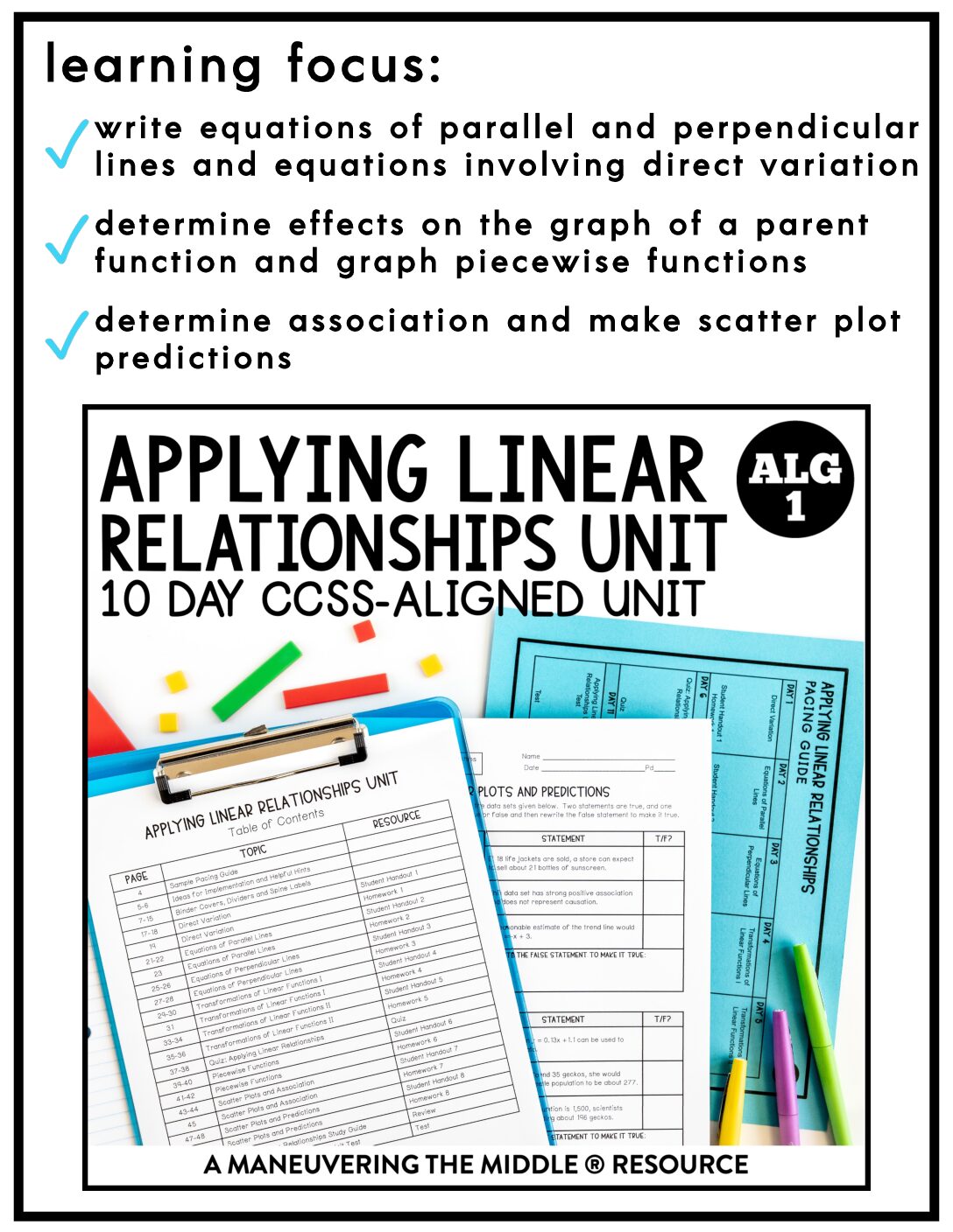 Applying Linear Relationships Unit Algebra 1 CCSS - Maneuvering the Middle