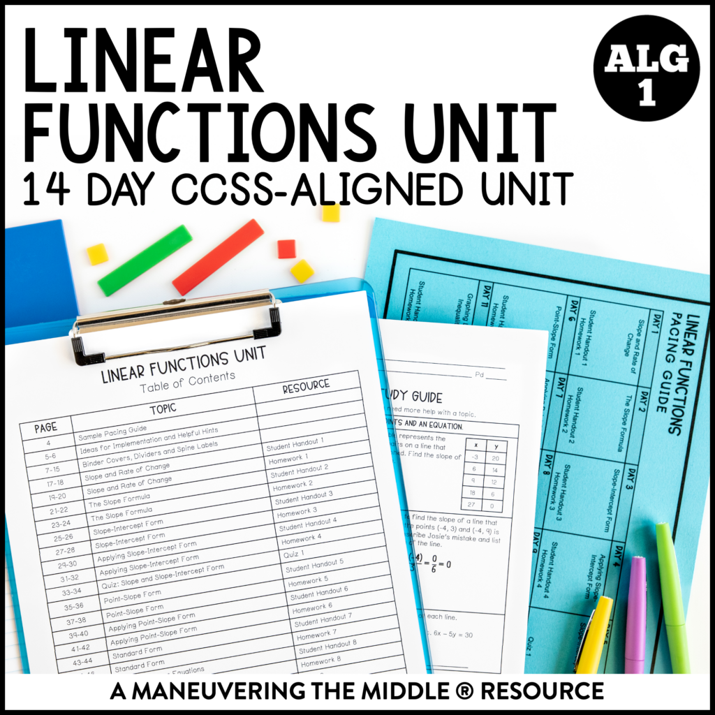 Linear Functions Unit Algebra 1 CCSS - Maneuvering the Middle