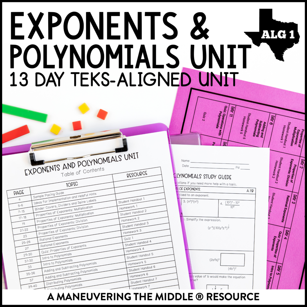 Exponents And Polynomials Unit Algebra 1 Teks Maneuvering The Middle