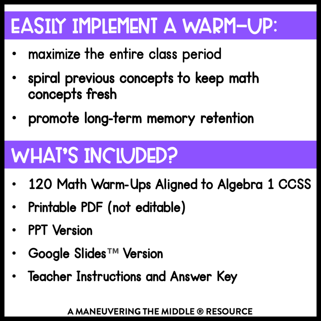 Math Warm-Ups Algebra 1 CCSS - Maneuvering the Middle