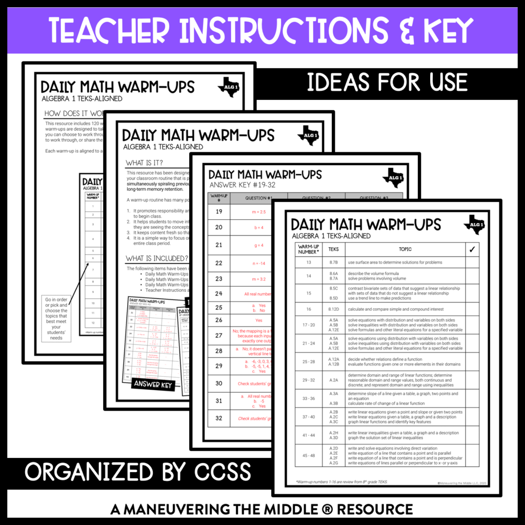 Math Warm-Ups Algebra 1 CCSS - Maneuvering the Middle