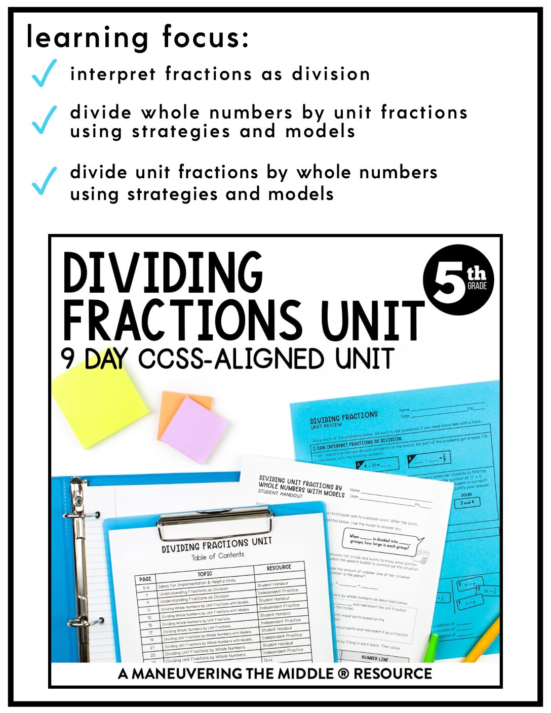 Dividing Fractions Unit 5th Grade CCSS - Maneuvering the Middle